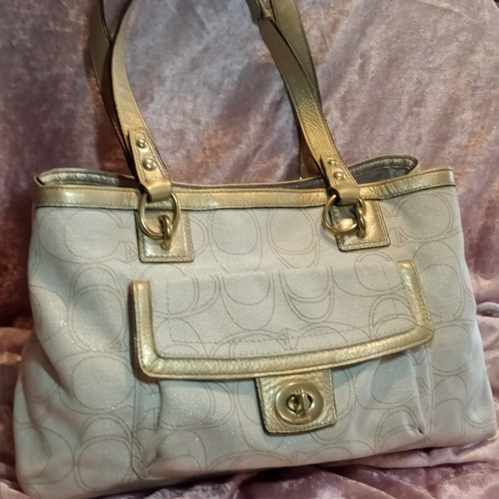 Coach Cream Metallic Signature Monogram Satchel With … - Gem